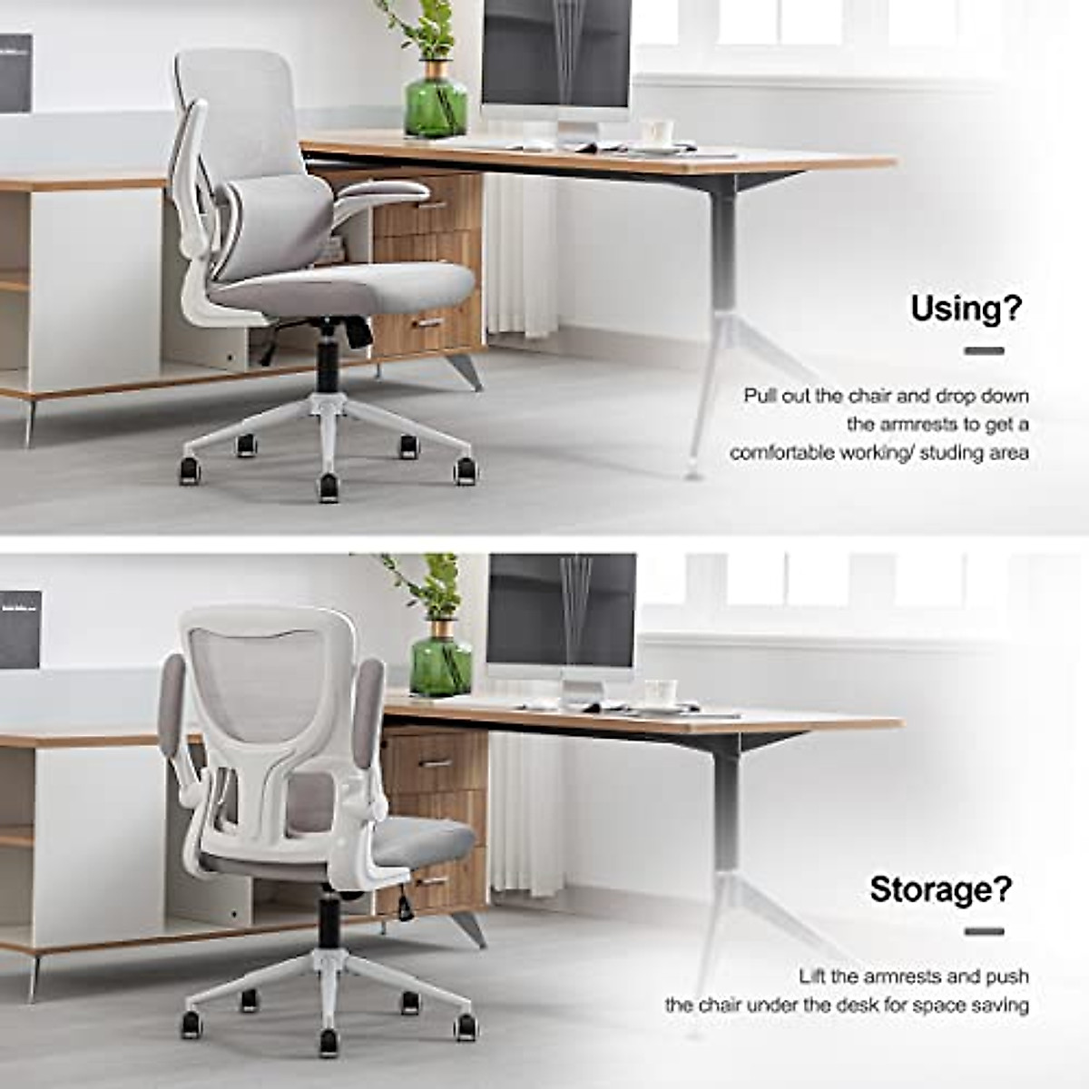 BRTHORY Office Chair Height-Adjustable Ergonomic Desk Chair with Self-Adjustable Lumbar Support, Breathable Mesh Computer Chair High Back Swivel Task Chair with Flip-up Armrests - Grey