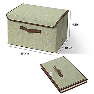 UUJOLY Large Storage Bins Linen Fabric Foldable Basket Cubes Organizer Storage Box Drawer with Lid and Handles for Home, Office, Closet, Bedroom, Nursery（(Green-2pcs)）
