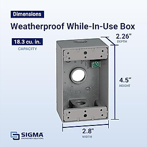 SIGMA ENGINEERED SOLUTIONS 14250 Metal Electrical Outlet Box, Weatherproof, Easy Mount Plug and Receptacle Protector, Gray, (3) 1/2-Inch Holes, 1 Gang Box