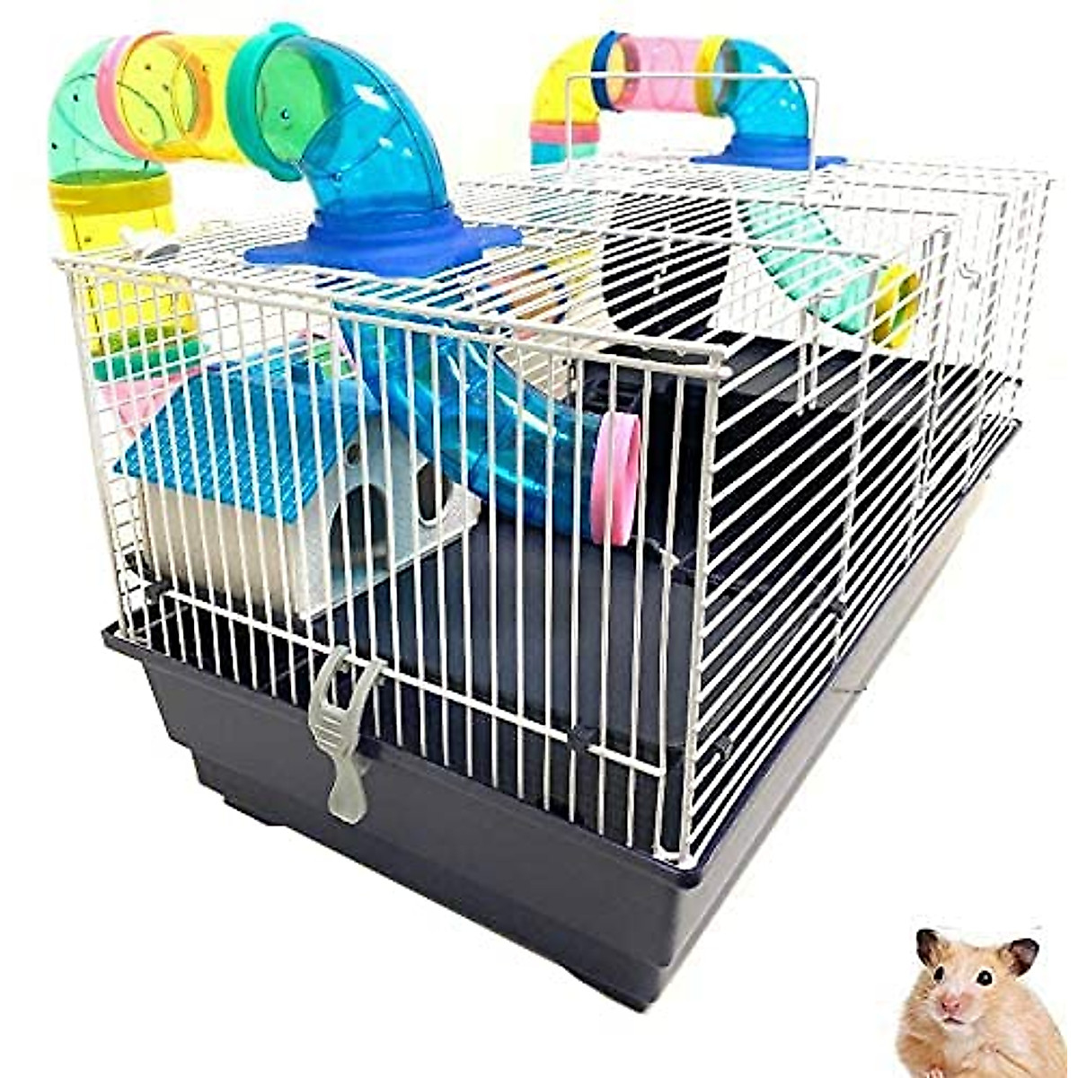 Large 2-Floor Hamster Small Animal Habitat Cage Home with Crossover Tubes Tunnels Hide House Running Wheel for Rodent Gerbil Mouse Mice