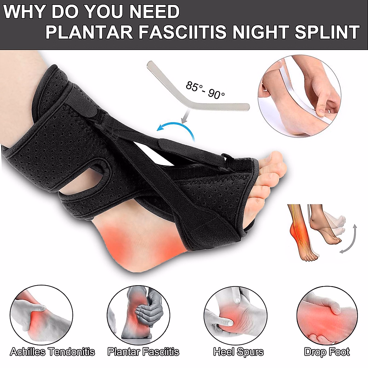 MIYALIONE Upgrade Plantar Fasciitis Night Splint 2 Pack 3 Adjustable Straps Plantar Fasciitis Relief Brace for Women&Men Relief Brace for Plantar Fasciitis Achilles Tendonitis and Foot Drop (Black)
