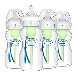 Dr. Brown’s Natural Flow Anti-Colic Options+ Wide-Neck Baby Bottles 9 oz/270 mL, with Level 1 Slow Flow Nipple, 4 Count , 0m+