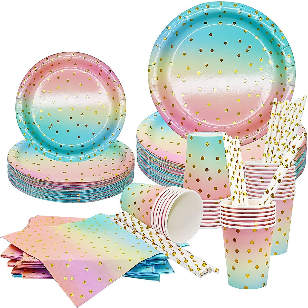 Hovico 120 Pieces Gold Polka Dot Party Plates with Paper Plates, Napkins, 9 Ounce Cups, Birthday, Graduation, Cocktail Party(Blue&Pink&Gold)