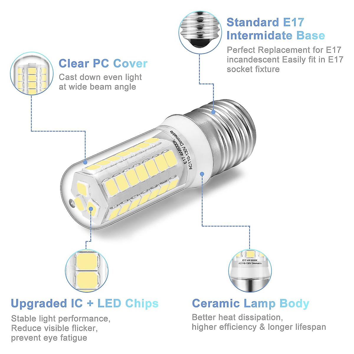 KLG E17 LED Bulbs Dimmable Under Microwave Oven Stove Lights, Daylight 6000K, 40W Incandescent Equivalent, E17 LED Aappliance Bulbs Stove Hood Light, Pack of 2