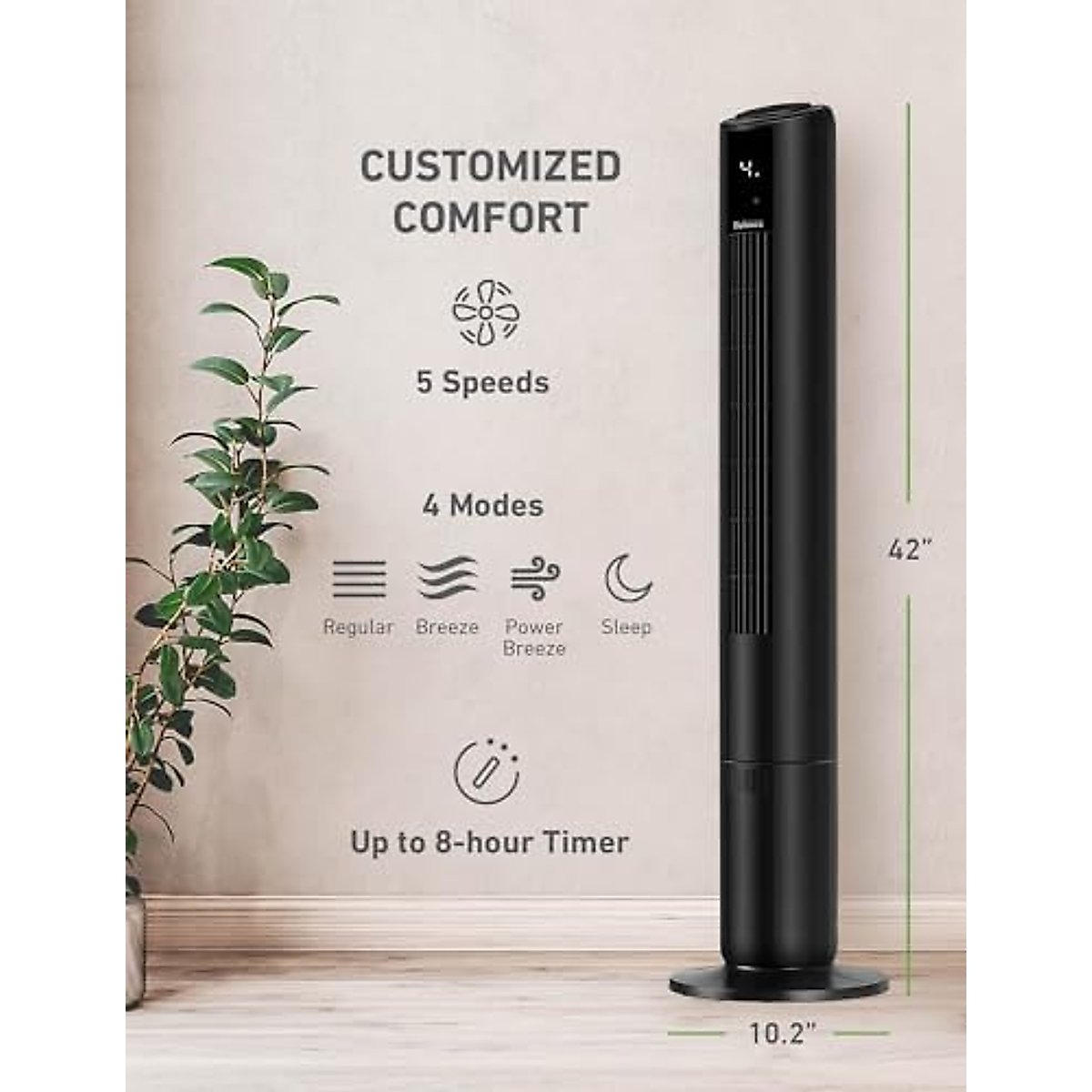 HOLMES 42" SmartConnect WI-FI Digital Tower Fan, ClearRead Display, Alexa Voice Control, 90° Oscillation, 5 Speeds, 4 Modes, 8-Hour Timer, Home, Bedroom or Office, Remote Control, Matte Black