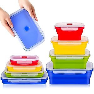 Nuenen Set of 8 Collapsible Food Storage Containers with Lids Silicone Flat Collapsible Bowls for Stacks Travel Camping Meal Prep Container for Kitchen, Freezer Microwave Dishwasher Safe (Rectangular)