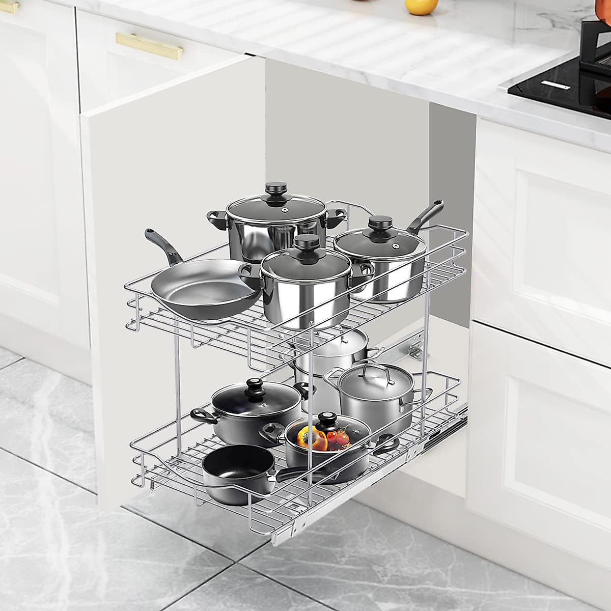 Fulgente Chrome Finish Pull Out Drawer Cabinet Organizer, Professional Wire Frame 2 Tier Heavy Duty Slide Out Kitchen Cabinet Storage Shelves, Sliding Pantry Shelf Bathroom 11"W x 21"D x 15.12''H