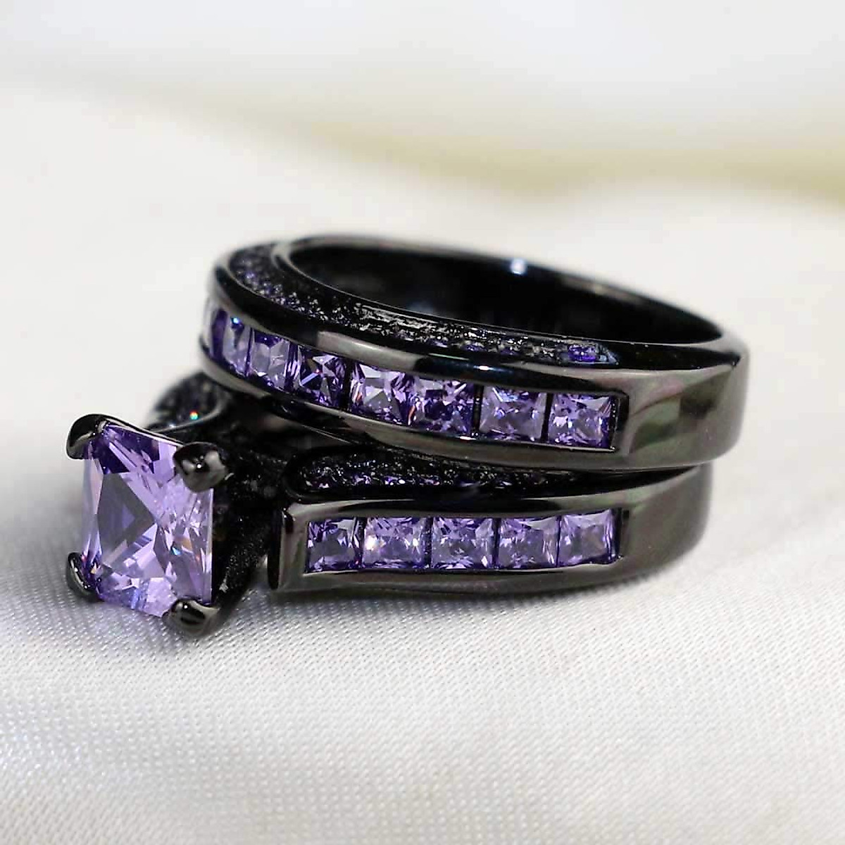 Black Gold Plated Womens Wedding Ring Sets Bridal Sets Princess cut Purple Cz Engagement Ring Wedding Bands
