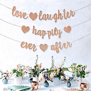 3Pcs Rose Gold Glitter Love Laughter and Happily Ever After Banner - Wedding Shower Decorations - Bridal Shower Decorations - Bachelorette, Bridal & Engagement Party Decorations (Pre-Strung Signs)
