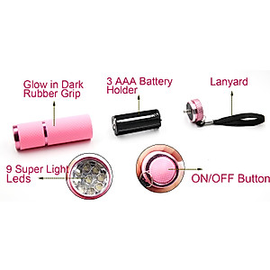 DAFURIET 9 LED Glow in Dark Flashlights, 4 Pack Rubber Coated Handheld Flashlights with Straps, Aluminum Portable Lights for Camping, Hiking, Emergency