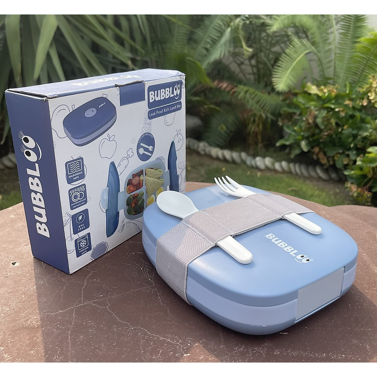 BUBBLOO Bento Box for Kids with Silverware - 3 Compartment Ideal Portion Sizes - BPA Free Removable Plastic Tray - Leak Proof Kids Lunch Box, Blue