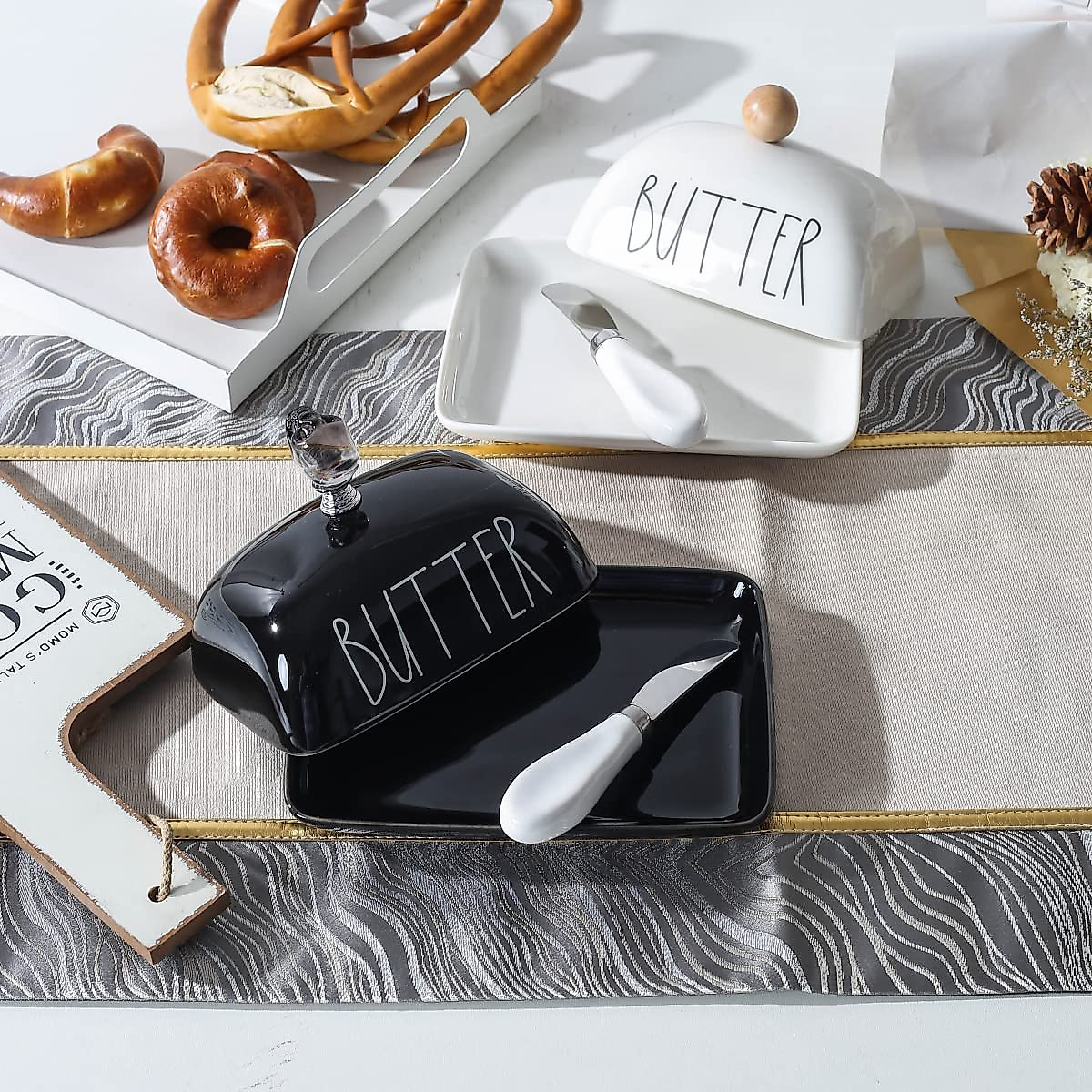 oskas Farmhouse Decorative Kitchen Countertop Porcelain Butter & Cream Cheese Dish with Lid,Butter Keeper with Cover for East West Coast Butter,White