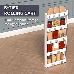 Mobile Shelving Unit Organizer with 5 Large Storage Baskets, Slim Slide Out Pantry Rack for Narrow Spaces by Everyday Home