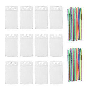 UPKOCH Clear Drink Pouches Bags Smoothie Bags Reclosable Zipper Heavy Duty Hand- held Translucent Stand- up Plastic Pouches Bags Drinking Bags Bottom Gusset with 100pcs Straws