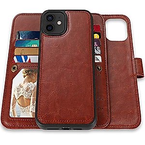 CASEOWL Wallet Case Compatible for iPhone 12/12 Pro, Magnetic Detachable Slim Case with 9 Card Slots, Hand Strap,Compatible for iPhone 12/12 Pro 6.1 inch 2020, 2 in 1 Folio Leather Wallet Case(Brown)
