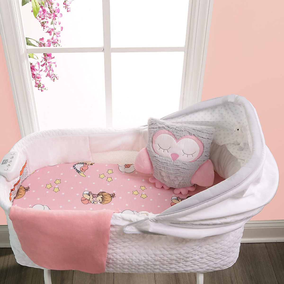 Bassinet Sheets 2-Pack 100% Cotton Jersey Knit, Precious Moments and Solid Pink Fitted Sheets for Baby Girl Bassinet, Compatible with Brands Bassinet Bedside Co-Sleeper Lounger Oval Rectangle Mattress