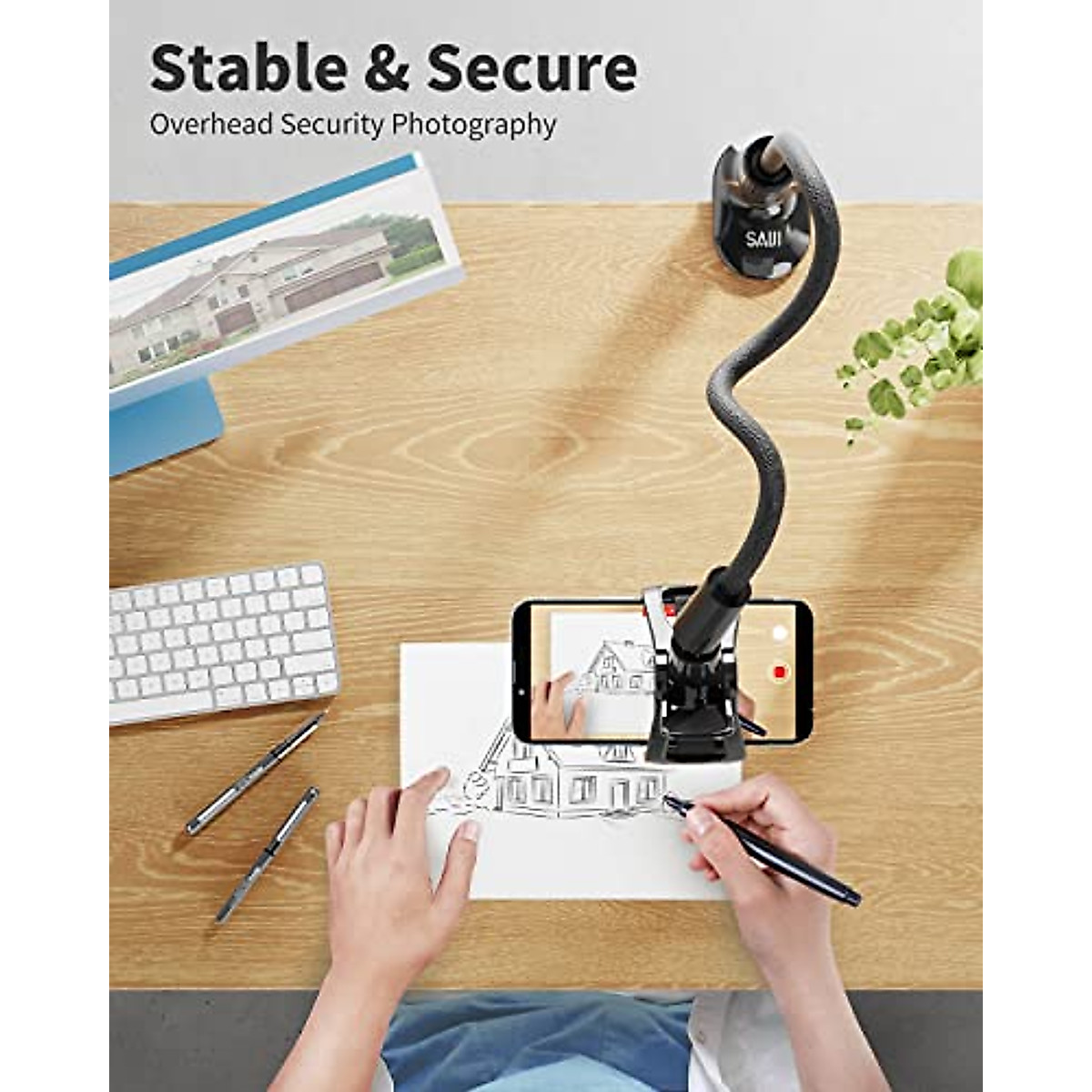 SAIJI Gooseneck Phone Holder for Bed Overall Length 38.6” Flexible Leather Wrapped Arm Overhead Cell Phone Mount Stand with 360° Adjustable Clamp Clip, Compatible with All 4-7” Cellphones (Black)