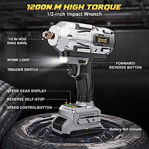 Cordless Impact Wrench 1/2 inch for DeWalt 20v Battery, Impact Wrench 900Ft-lbs(1200N.m) High Torque Brushless Electric Impact Gun, Power Impact Driver with 4-Mode Speed, LED Work Light(no battery)