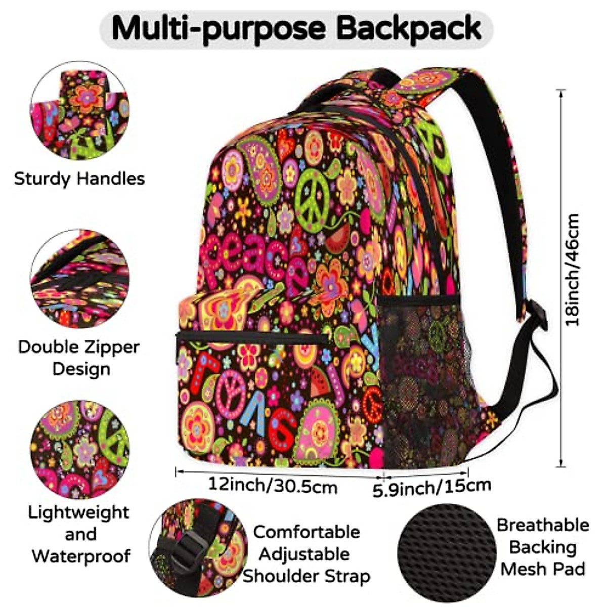 ZQYLAN Peace Sign School Laptop Backpack Colorful Floral Flower Teens School Bags Bookbag,18inch Large Water Resistant College Travel Computer Notebooks Daypack for Men Women