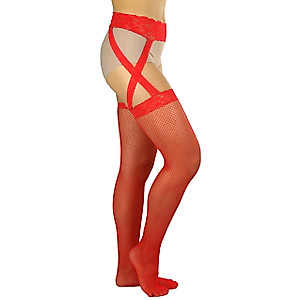 ToBeInStyle Women’s Flirtatious Hip Criss Cross Lace Fishnet Garter Belt Stockings - - Red (Queen)