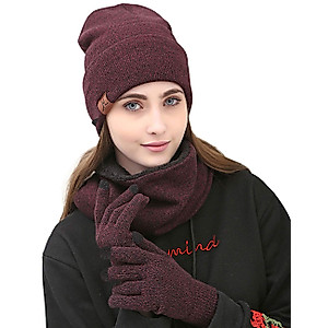 MAYLISACC Winter Hat Scarf and Glove Set for Women, Wine Red Warm Ladies Beanies Loop Scarves and Touchscreen Gloves