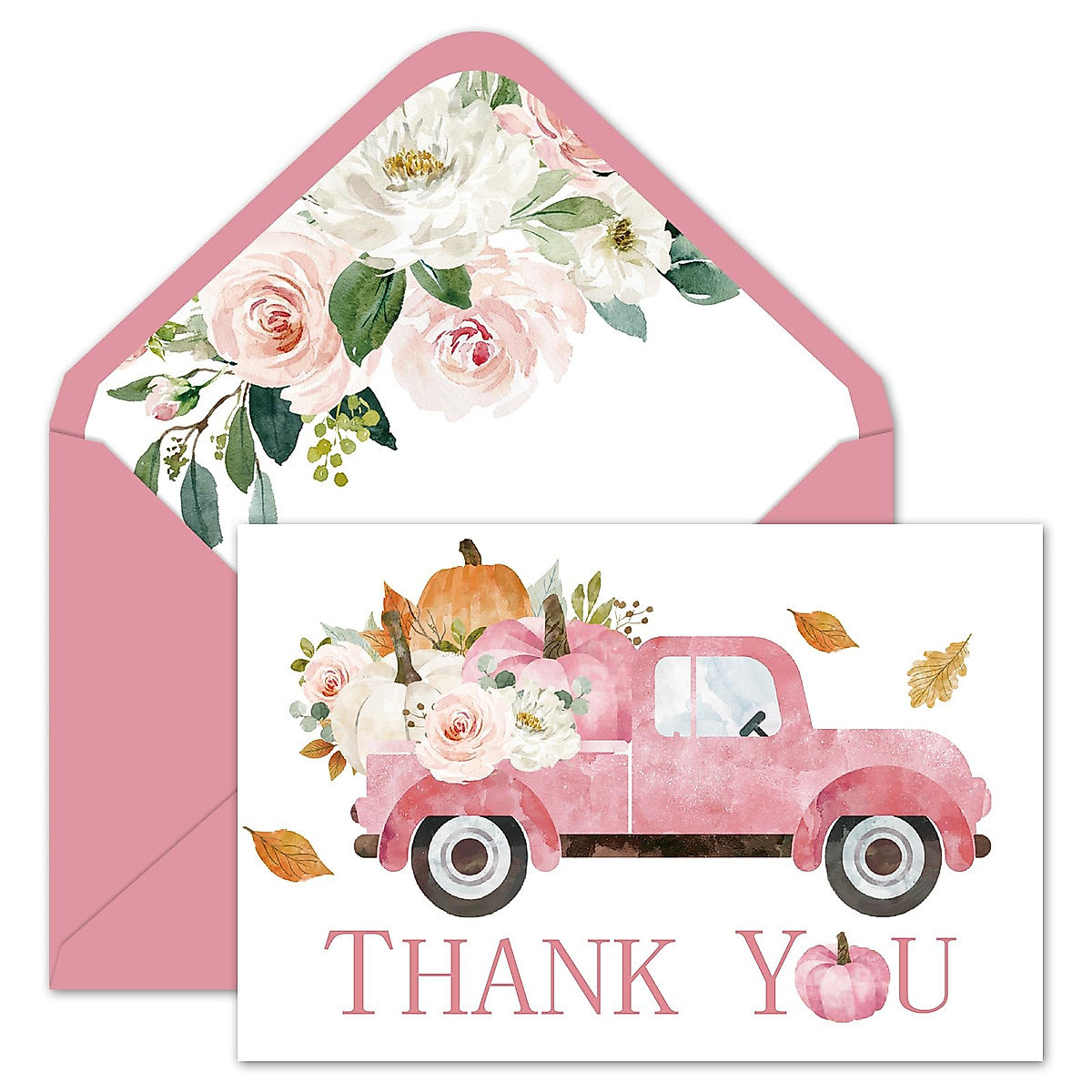 Whaline 24 Pack Fall Thank You Cards Bulk Pink Truck Pumpkin Floral Greeting Cards with Envelopes Stickers Blank Note Cards for Autumn Thanksgiving Wedding Bridal Baby Shower