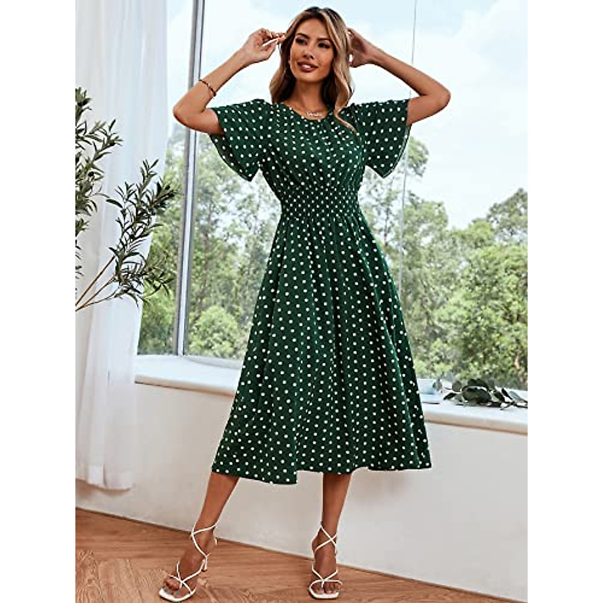 Verdusa Women's Polka Dots Print Short Sleeve Shirred A Line Flared Midi Dress Dark Green M