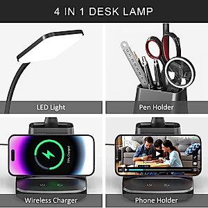 Vicsoon Desk Lamp with Wireless Charger, LED Desk Lamps for Home Office, 800 Lumens, Small Desk Lamp with Pen Holder, Flexible Arm, 3 Modes, Dimming, Touch Lamp for College Dorm Room, with Adapter