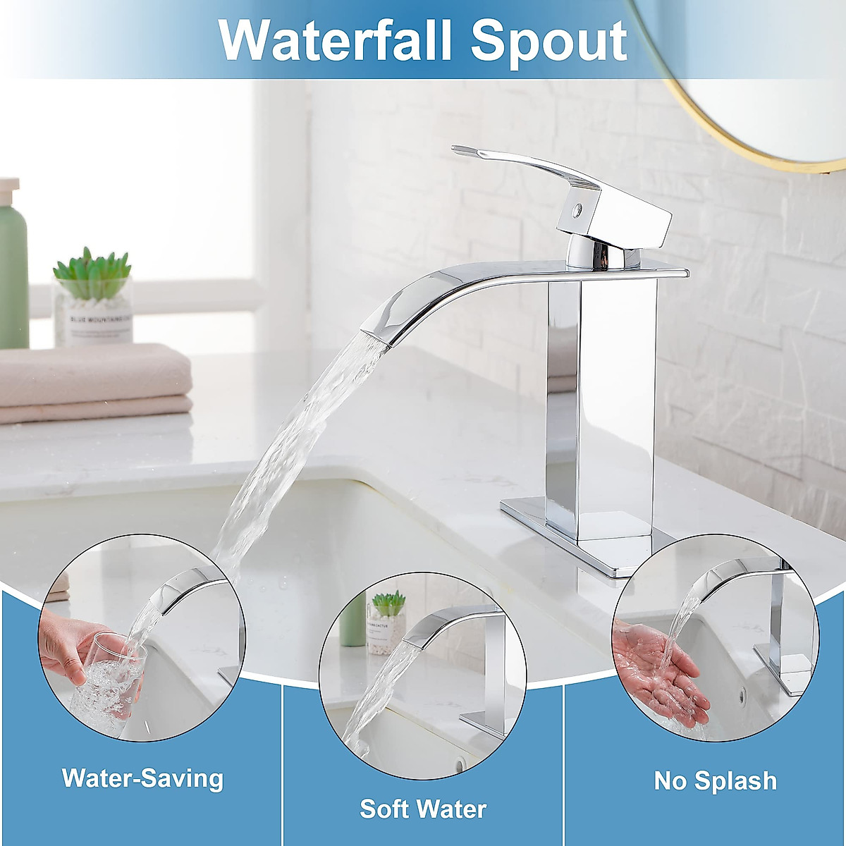 PHICHI Chrome Bathroom Faucet Waterfall Single Handle 1 or 3 Hole Faucet, Commercial Modern Lavatory Tap with Pop-up Drain and Deck Plate