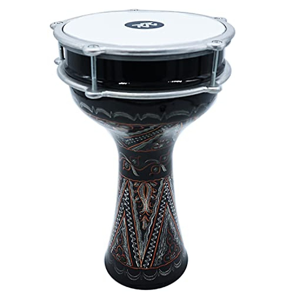 ZAZA Percussion 16'' Length Aluminum Darbuka, 8" Tunable Synthetic Head Turkish Doumbek Drum (Black- Engrave)