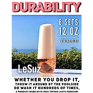 LeSuz 100% Tritan Plastic Champagne Stemless Flutes. Set of 6, 12oz. Shatterproof, BPA-FREE, Dishwasher Safe, Long Lasting Stemless Champagne Flute. Better than Champagne Glasses. Mimosa Flutes.