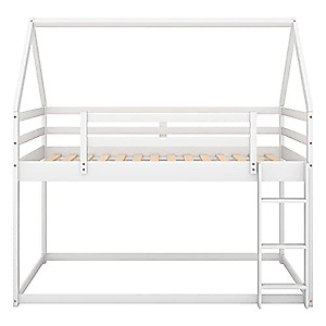 Bellemave Twin Over Twin House Bunk Bed for Kids,Floor Bunk Beds with Ladder and Guardrails,Solid Wood Twin Size Low Bunk Bed for Girls Boys,White