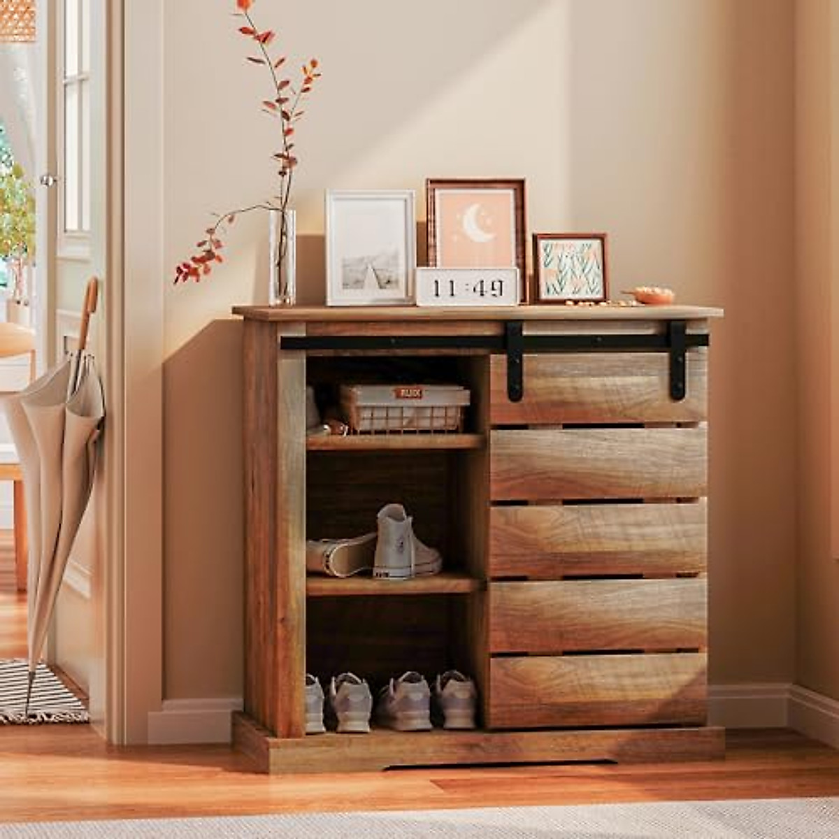 Wonder Comfort Rattan Sideboard Buffet Cabinet with 2 Open Doors, Kitchen Storage Console Table for Living, Dining Room, Bedroom, Entryway, Rustic Brown