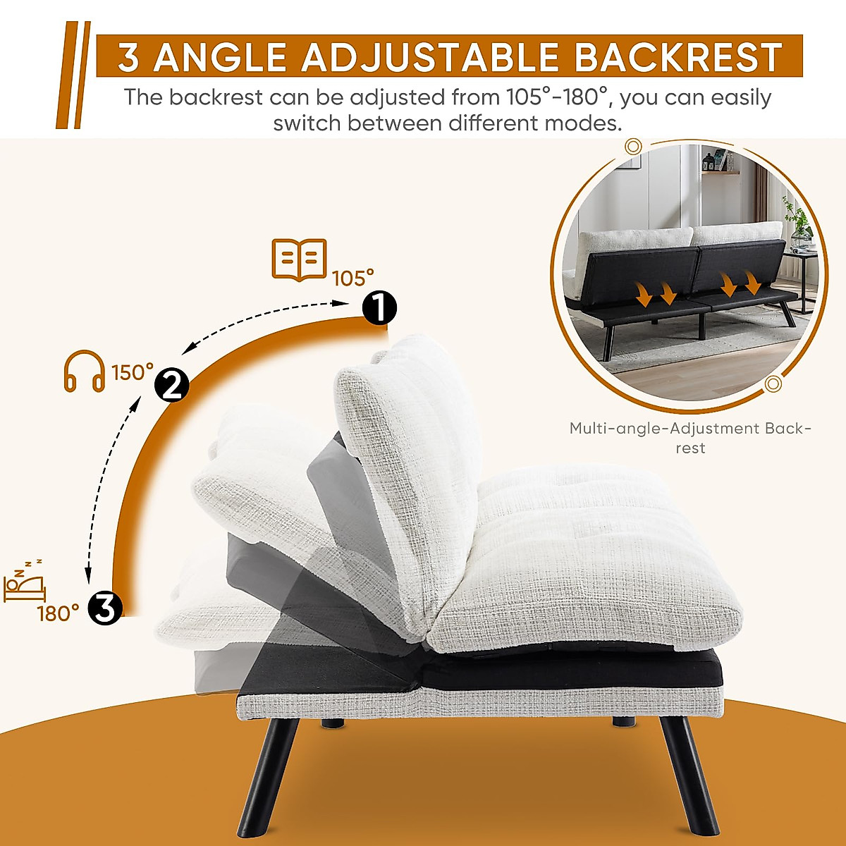 Futon Sofa Bed, Convertible Sleeper Couch Memory Foam Small Splitback Loveseat for Living Room, Upholstered Love Seat with Adjustable Backrest and 6 Metal Legs, Thicker Cushion Version (Creamy White)