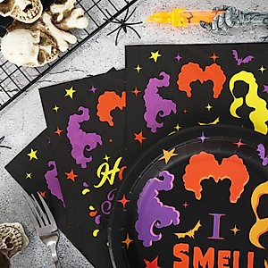 Whaline 100Pcs Halloween Tableware Set Hocus Pocus Disposable Dinnerware Set 50Pcs Paper Plates 25Pcs Napkin 25Pcs Cups for Halloween Party Witch Theme Party Supplies Table Decorations