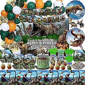 230PCS Dinosaur Birthday Party Supplies Decoration Set for Kids, Serves 10 Guests with Banner, Backdrop, Foil Balloons, Stickers, Balloon Kit, Tableware, Cake Topper, Cup Cake Toppers