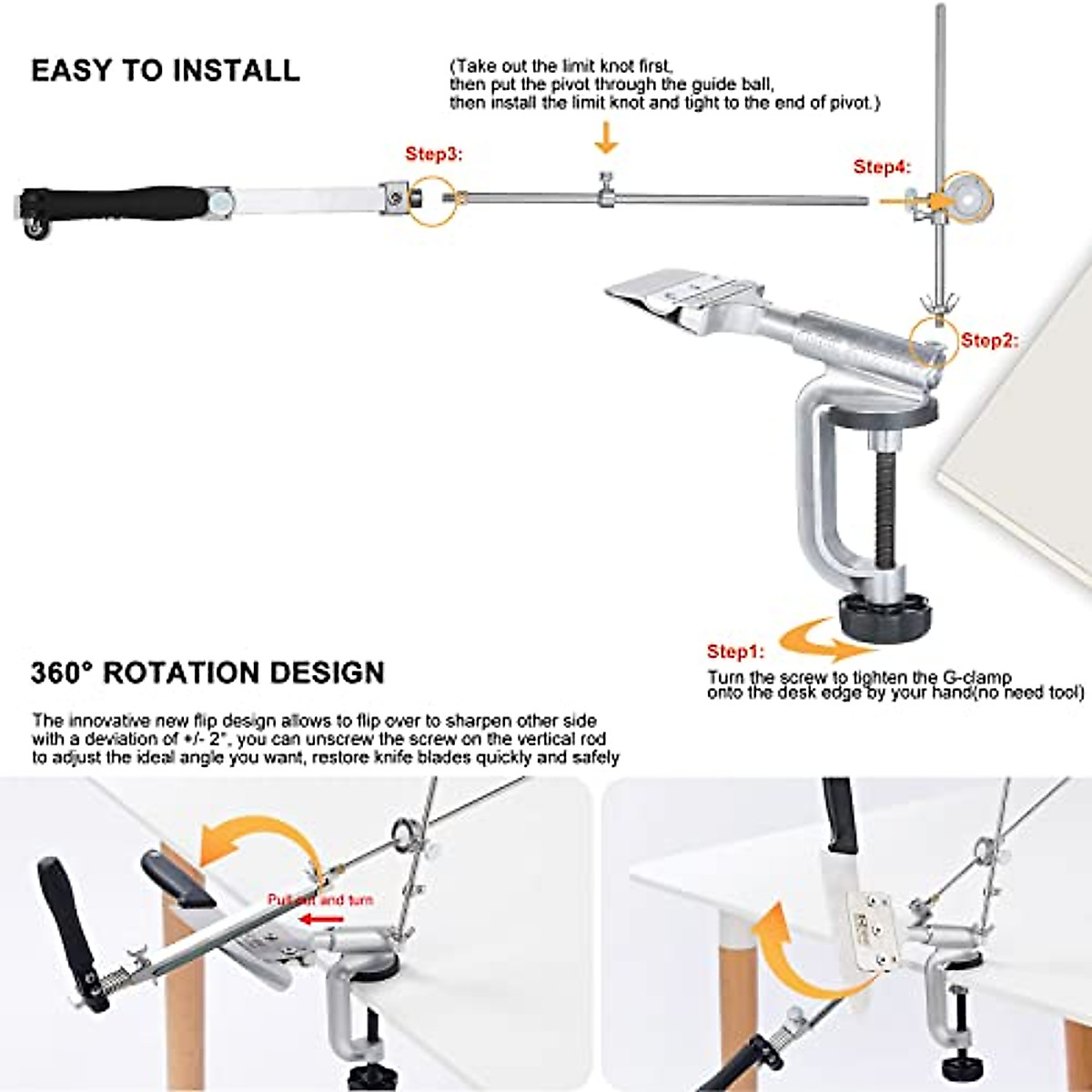 RUIXIN PRO RX-008 Knife Sharpener Kit System with 12 Whetstones, 360° Rotation Flip Design, Fixed-Angle Stainless Steel Professional Chef Kitchen Knife Sharpening Blades Fine Grinding Polishing Tool