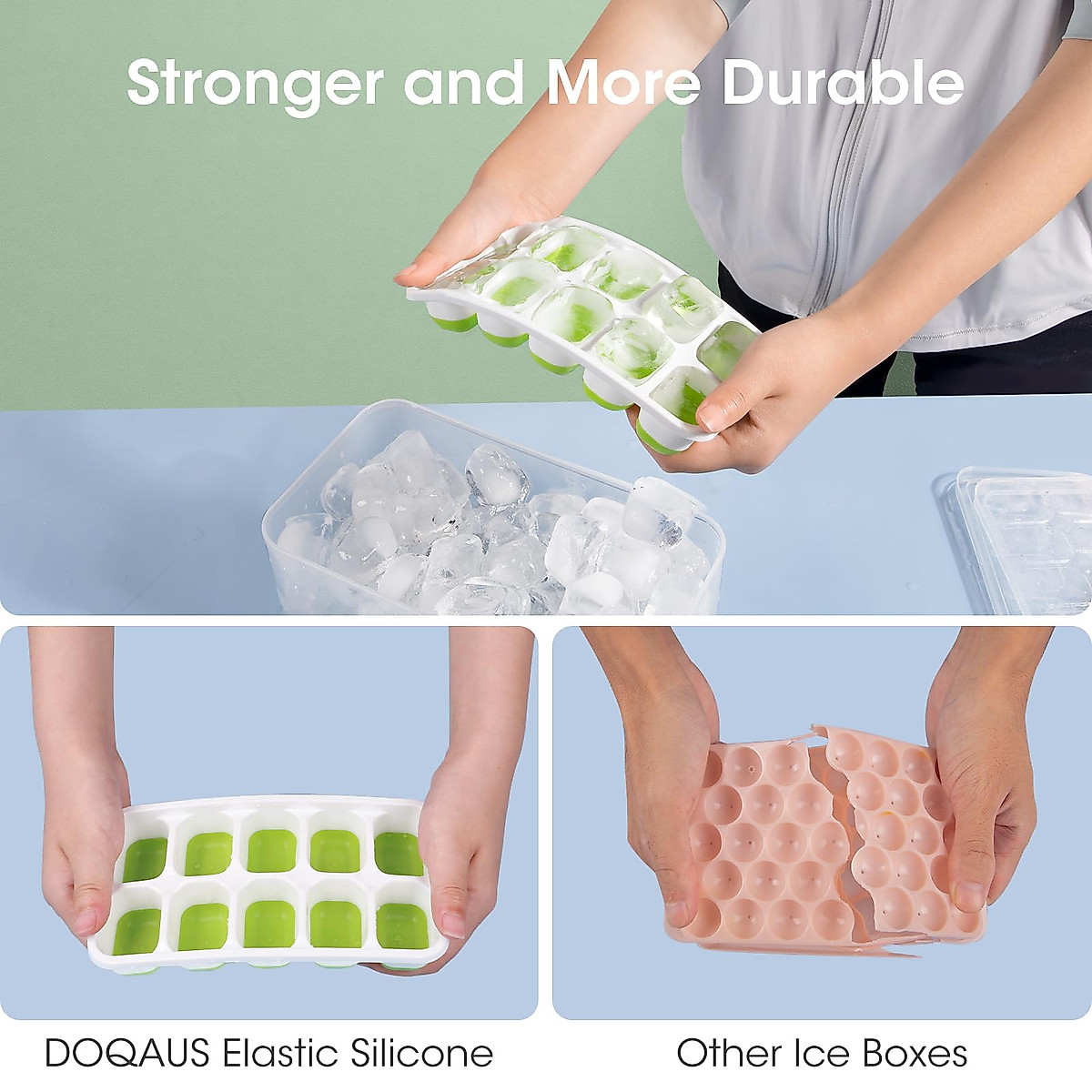 DOQAUS Ice Cube Tray with Lid and Bin, Silicone & Plastic Ice Cube Trays for Freezer with Ice Box, 4 Pack Ice Trays with Ice Container, Stackable Ice Tray with Storage Ice Bucket Bin, Ice Tong & Scoop