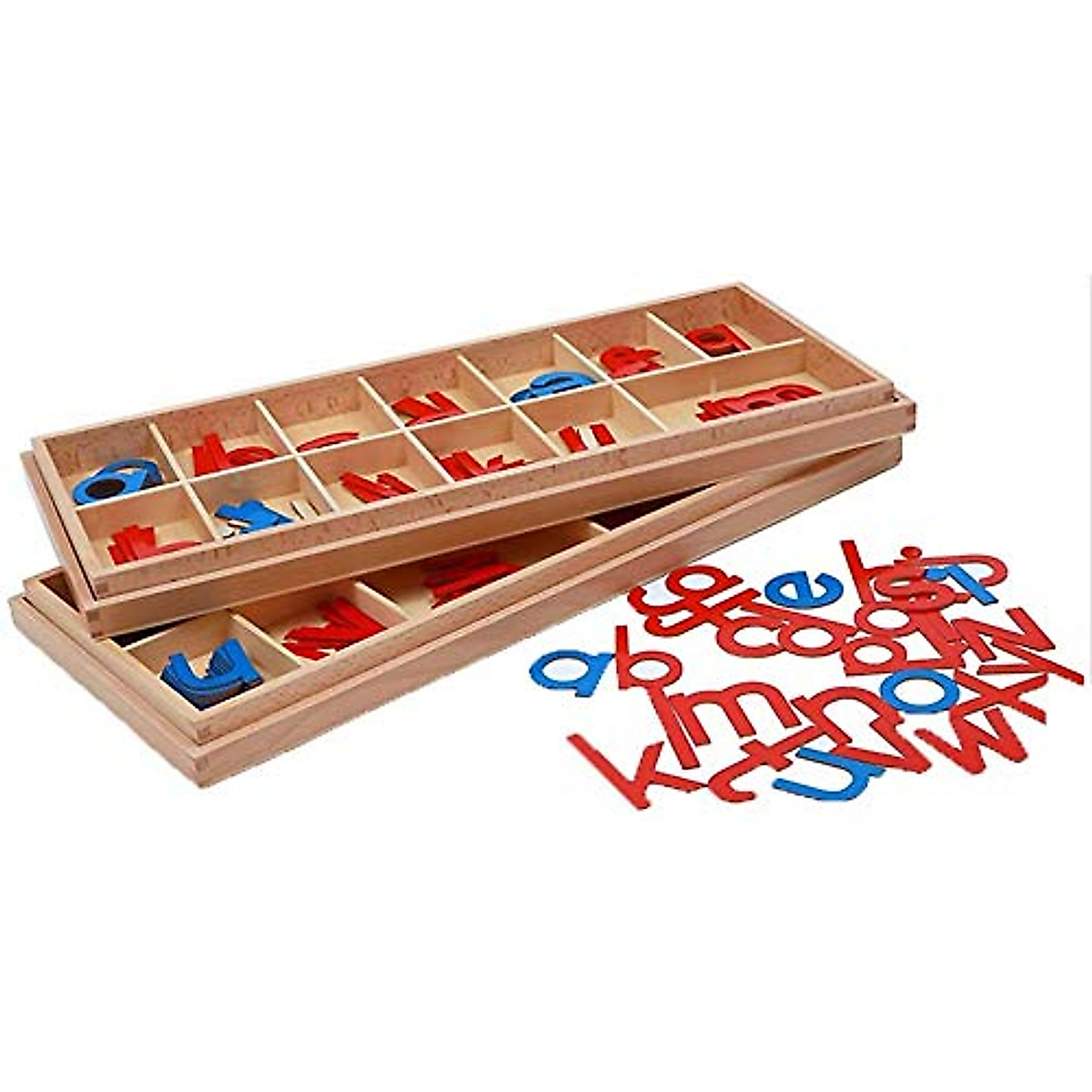 MEYOR Montessori Wooden Movable Alphabet with Box Preschool Spelling Learning Materials Large Movable Alphabet (Red & Blue)