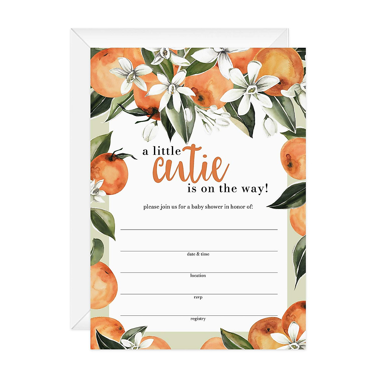 Little Cutie Baby Shower Invites / 25 Baby Shower Invitation Cards With White Envelopes / 5" x 7" Citrus Clementine Fruit New Baby Party Invitations/Fill In Gender Neutral Invite Cards