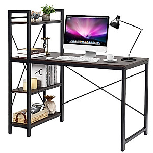 Tangkula Computer Desk with 4 Tier Shelves, Study Writing Table with Storage Bookshelves, Modern Compact Home Office Workstation, 47.5" Tower Desk with Steel Frame & Adjustable Feet Pad, Walnut