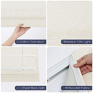 Cordless Roman Shades Window Blinds, Light Filtering Linen Blend Fabric Window Roman Shades for Windows, Doors, Bedroom, Living Room, White