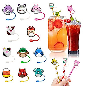 16Pcs Animal Straw Tips Cover Cap Reusable Silicone Straw Toppers Drinking Straw Tips Lids for 6-8 mm Cute Straws Plugs (Straw Not Included)