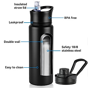 24oz Insulated Water Bottle with Straw Lid, Stainless Steel Metal Water Bottle with Straw & Wide Mouth Lid, Double Wall Vacuum Water Bottle for Hiking Camping, Black 1 Pack