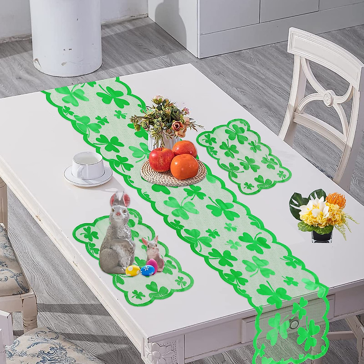 St. Patrick's Day Table Runner 11.8"x70.8",with 4 PCS Placemats,Green Clover Table Placemats for St Patricks Day Decorations,Spring Party Decoration,Decor Supplies
