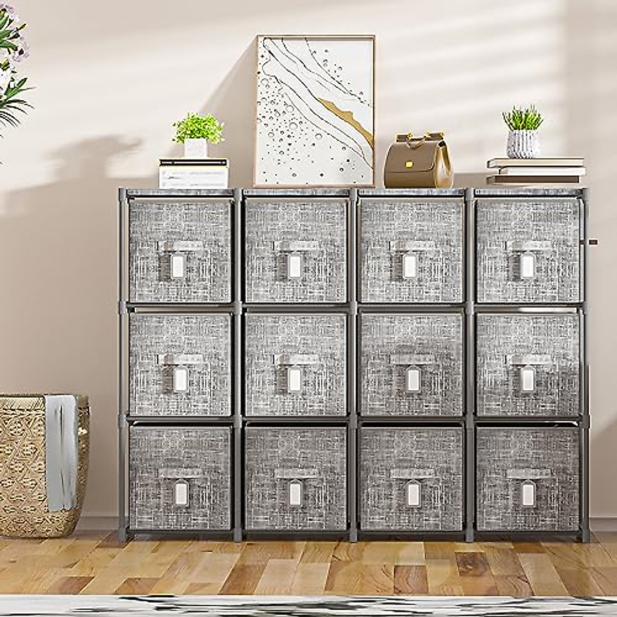LUKYTOWER Cube Storage Organizer Shelf with 6 Printed Bins + Labels, Cubby Storage Organizer with Bins, Large Capacity Shelves for Storage,Closet, Living Room, Dorm, Yarn