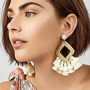 WFYOU Rattan Tassel Earrings for Women Bohemian Statement Handmade Woven Drop Dangle Earrings