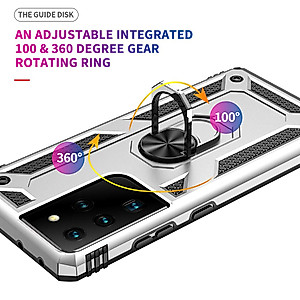 Military Grade Drop Impact for Samsung Galaxy S21 Ultra Case Galaxy S21 Ultra 5G Case Metal Rotating Ring Kickstand Holder Armor Heavy Duty Shockproof Case Galaxy S21 Ultra Phone Case (Silver)
