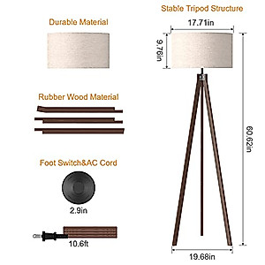 LEPOWER Wood Floor Lamp Tripod, Modern Design Mid Century Standing Lamps for Living Room,Bedroom and Office, Flaxen Lamp Shade with E26 Lamp Base
