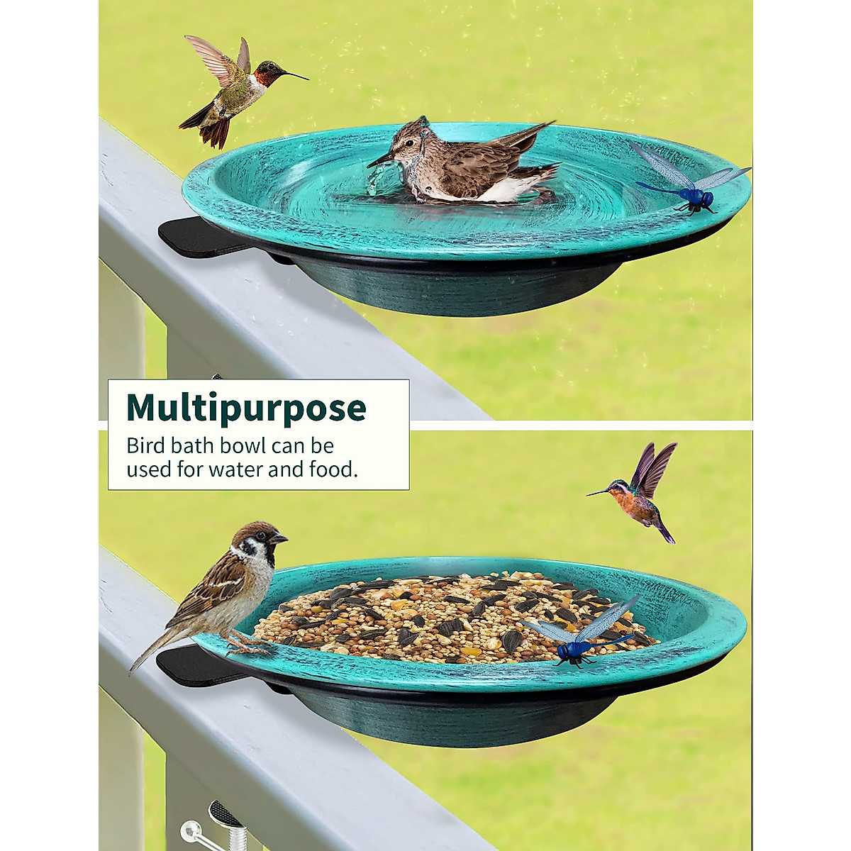 Deck Mounted Bird Bath for Outside, Detachable Birdbath Bowl with Sturdy Clamp, Easy Setup Outdoor Bird Feeder for Garden Patio Lawn Yard Decoration